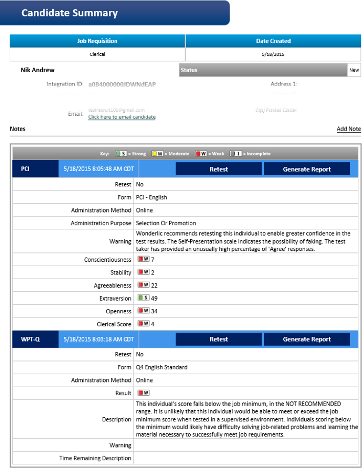 Recording Wonderlic test results